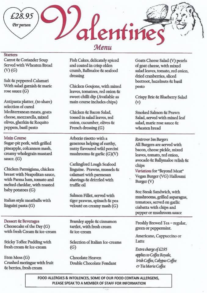 Menu at The Rostrevor Inn restaurant, Rostrevor