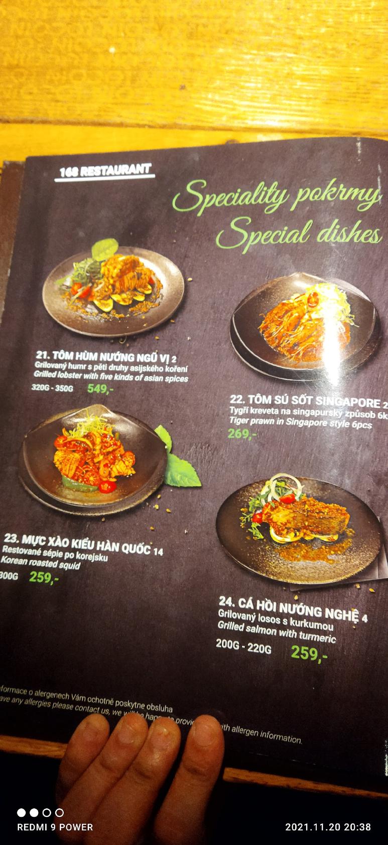 Menu at 168 restaurant, Prague