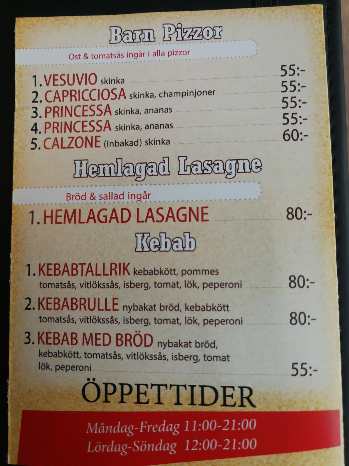 Menu at Bro Järnvägs Pizzeria, Bro