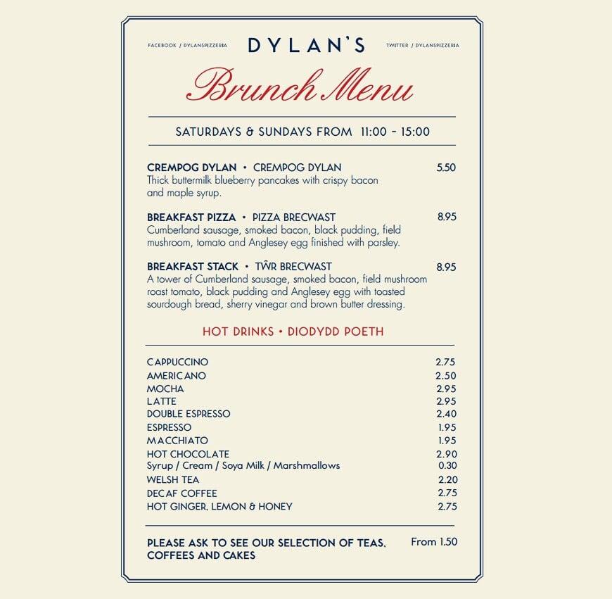 Menu at Dylan's Menai Bridge pizzeria, Menai Bridge, St George's Rd