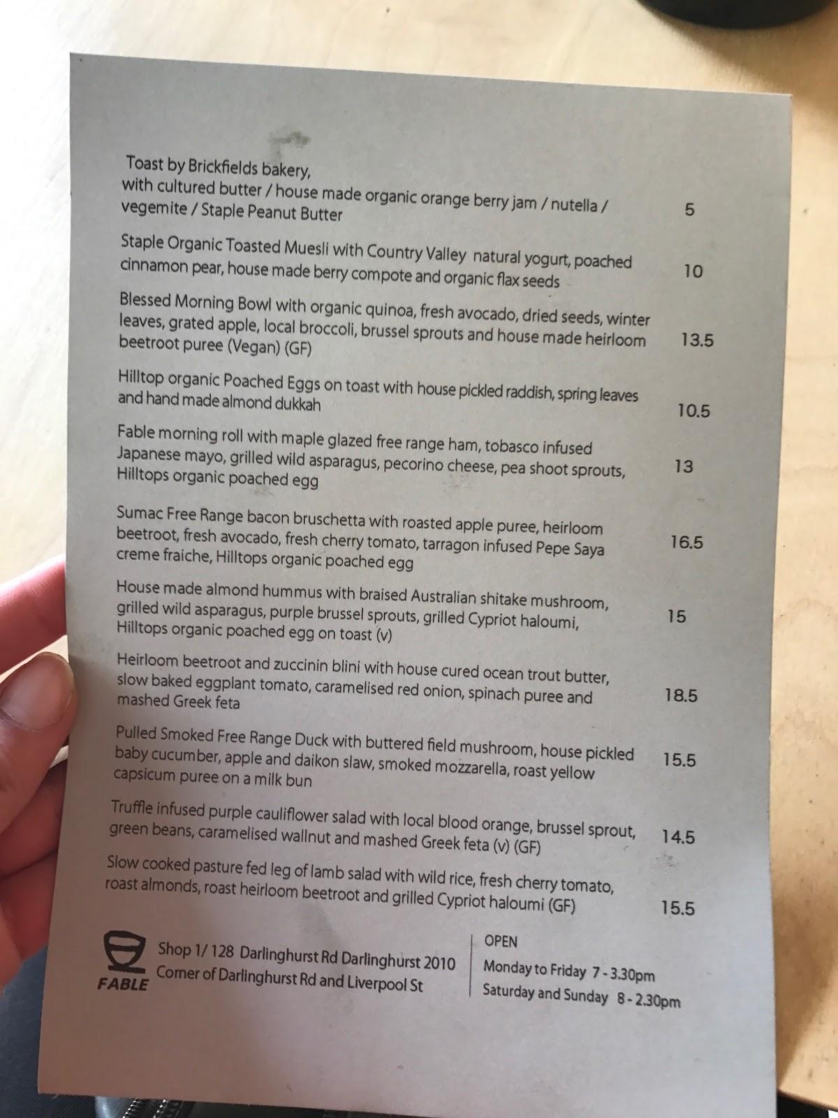 Menu at Coral Coffee(Fable Coffee Sydney) cafe, Darlinghurst