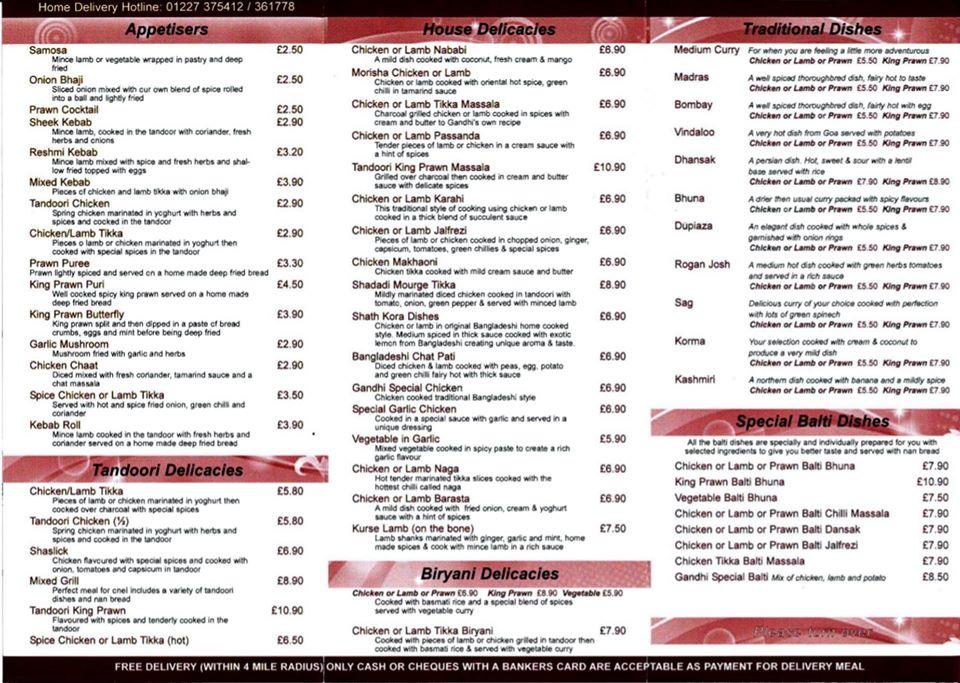 Menu at Gandhi restaurant, Herne Bay, 139 Station Rd