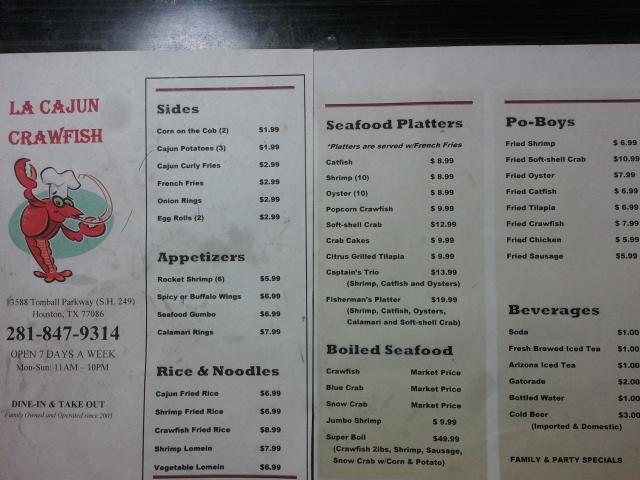 Menu at Louisiana Cajun Crawfish restaurant, Houston