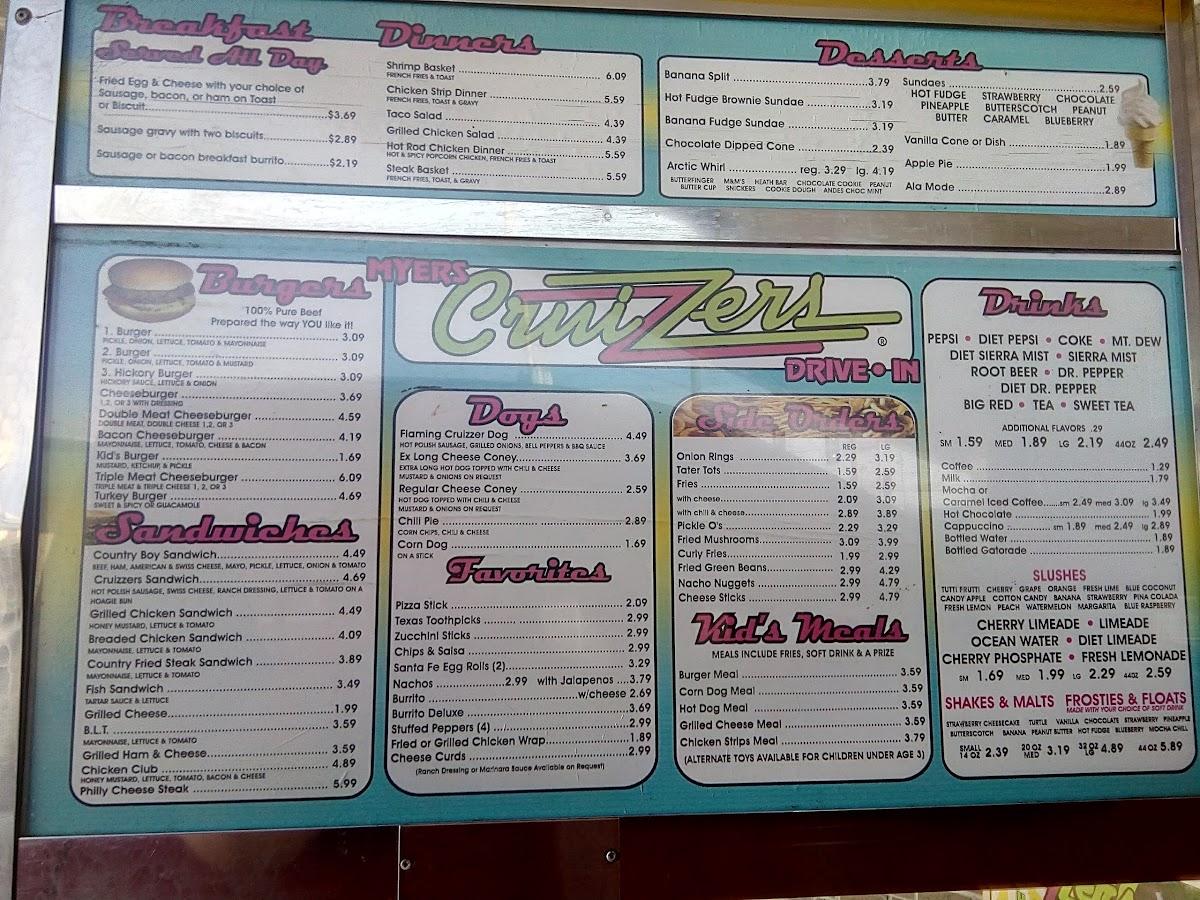 Menu at Myers Cruizzers Drive-In restaurant, Mena, 409 U. S. Hwy 71
