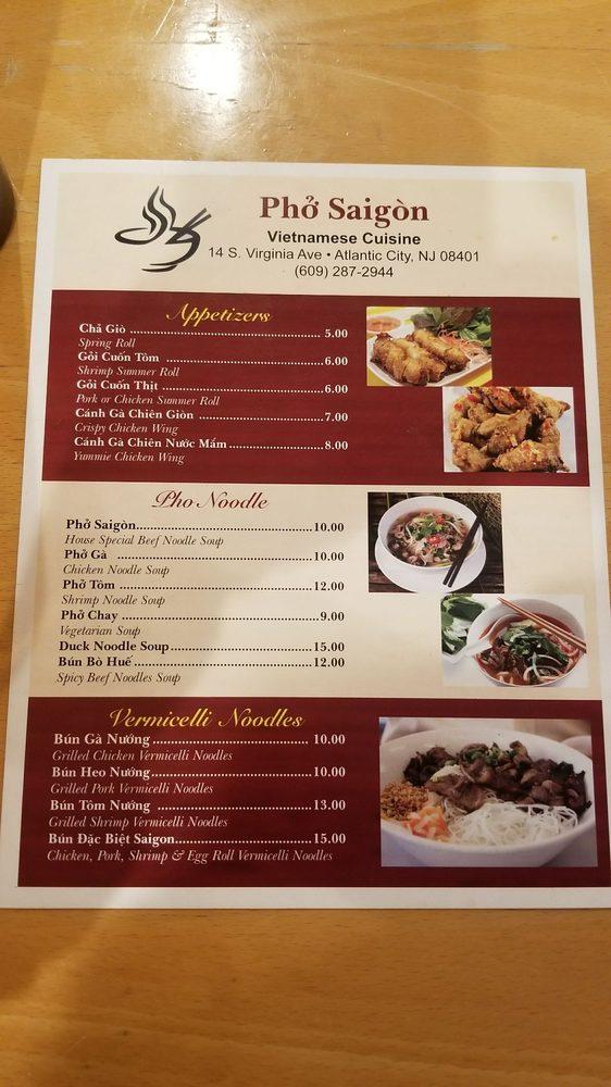 Menu at Pho Saigon restaurant, Atlantic City
