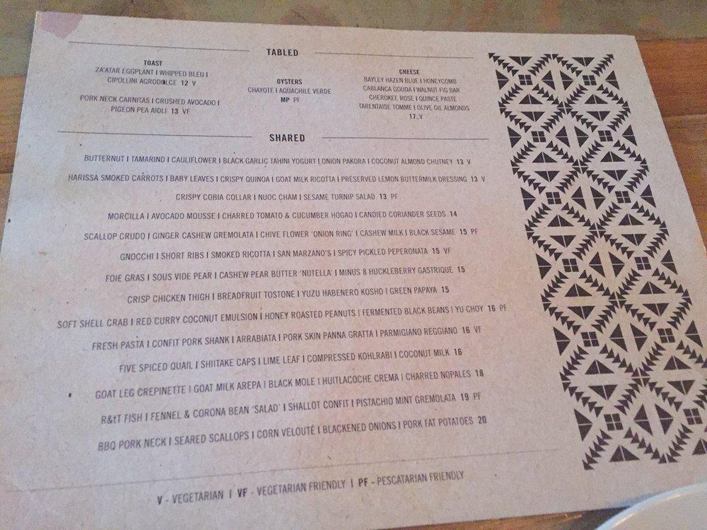 Menu at Rooster & the Till restaurant, Tampa