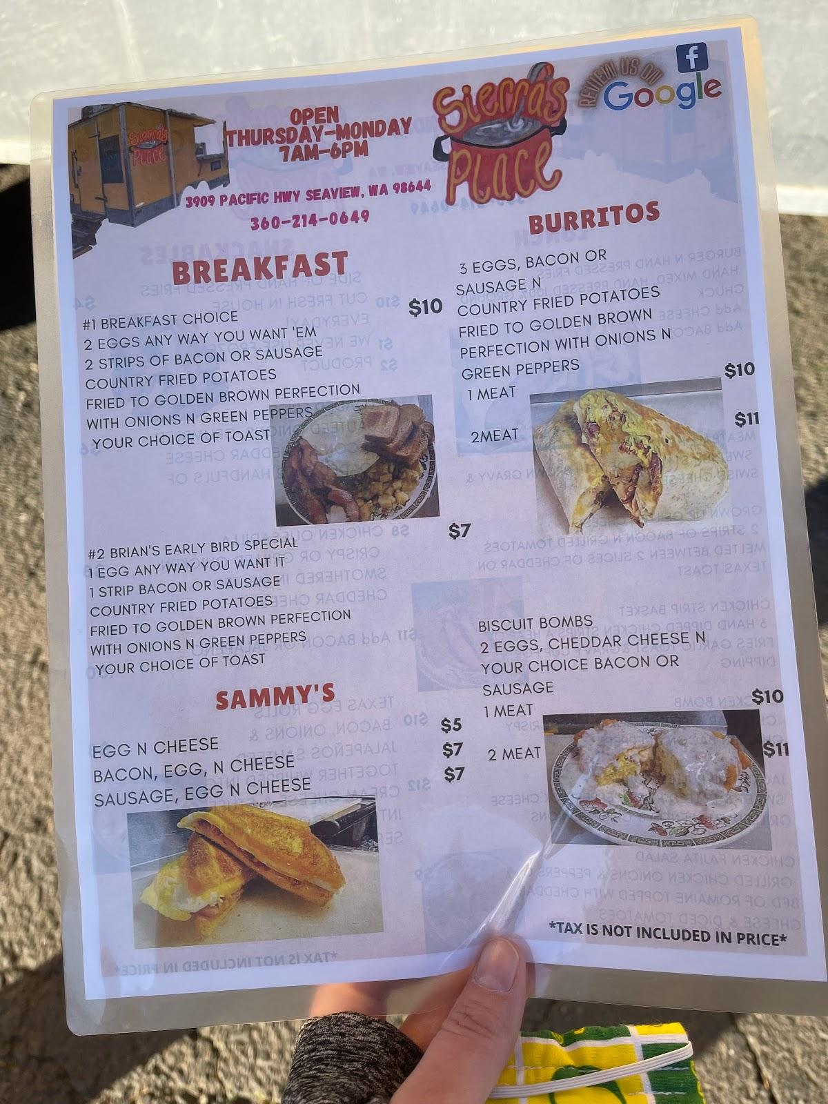 Menu at Sierra's place restaurant, Long Beach