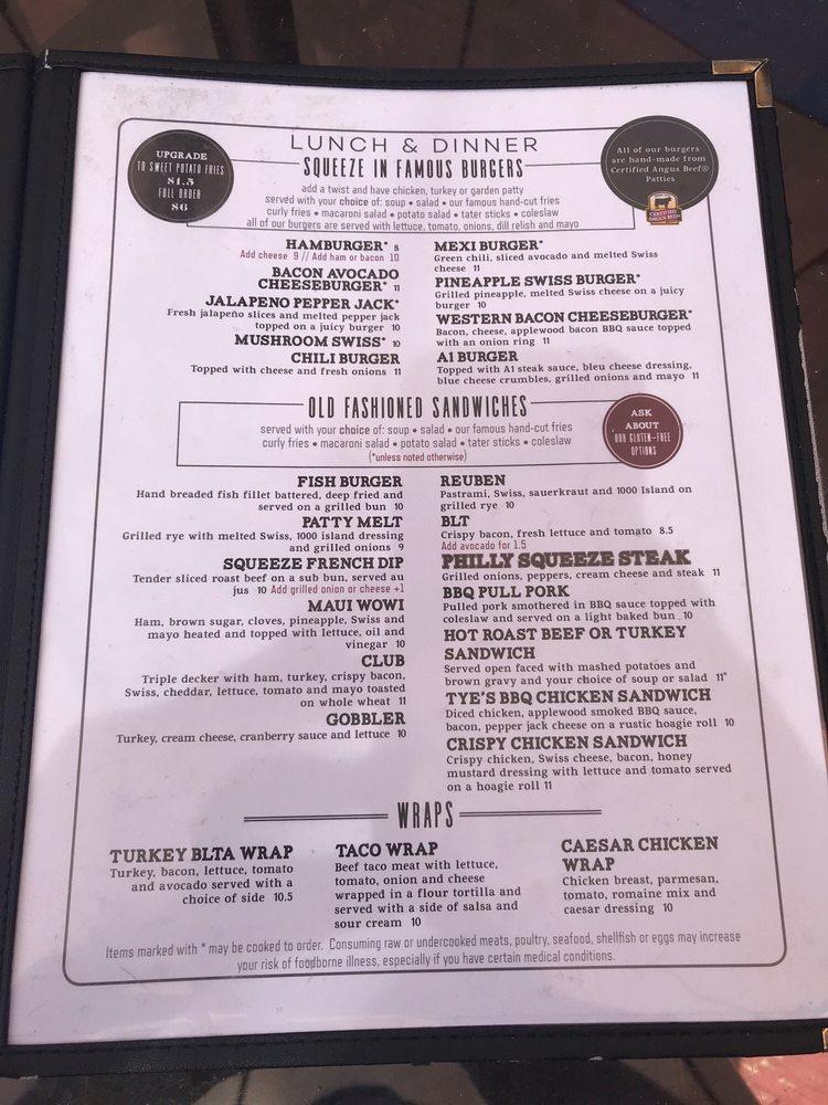 Menu at Squeeze-In restaurant, John Day