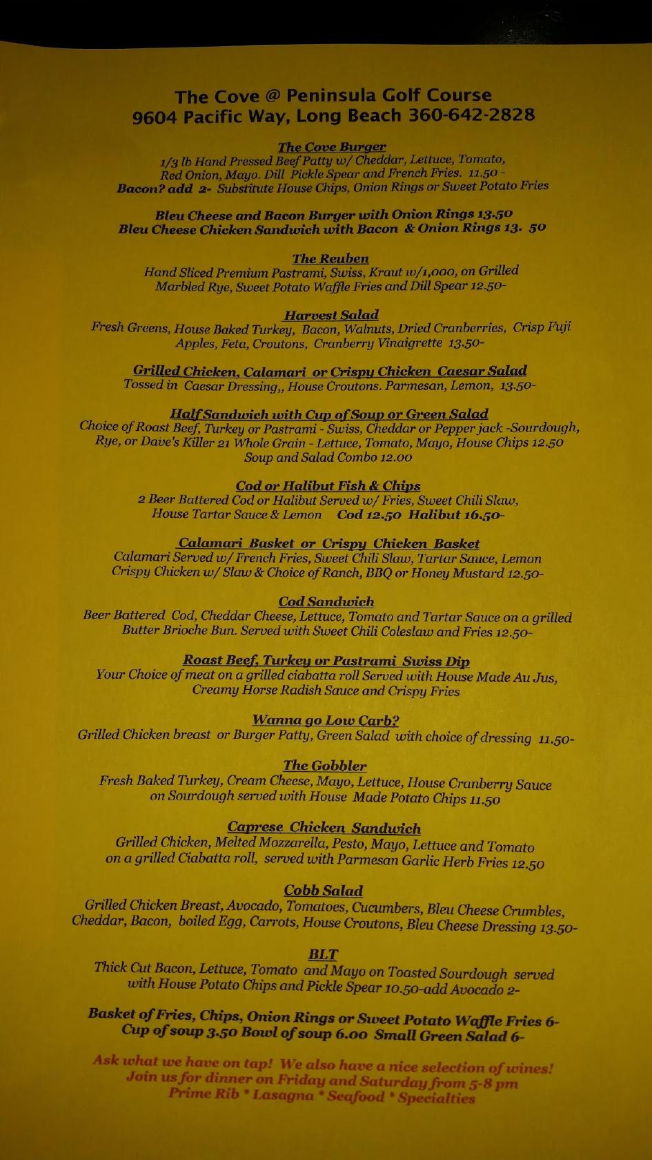 Menu at The Cove Restaurant, Long Beach