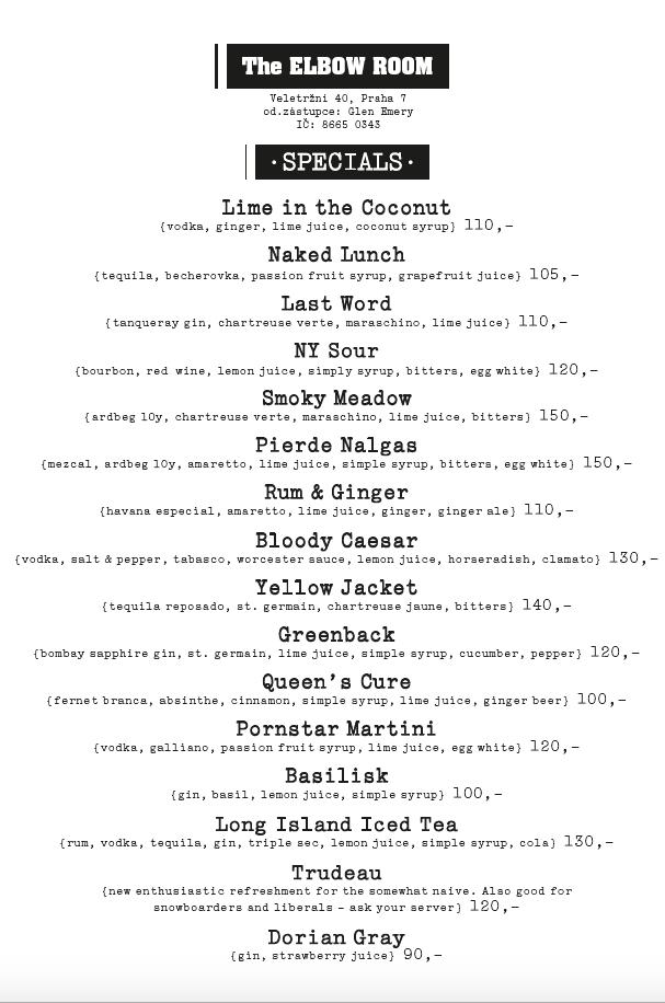 Menu at Elbow Room pub & bar, Prague