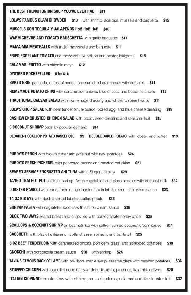 Menu at Lola's Lounge pub & bar, Sarnia