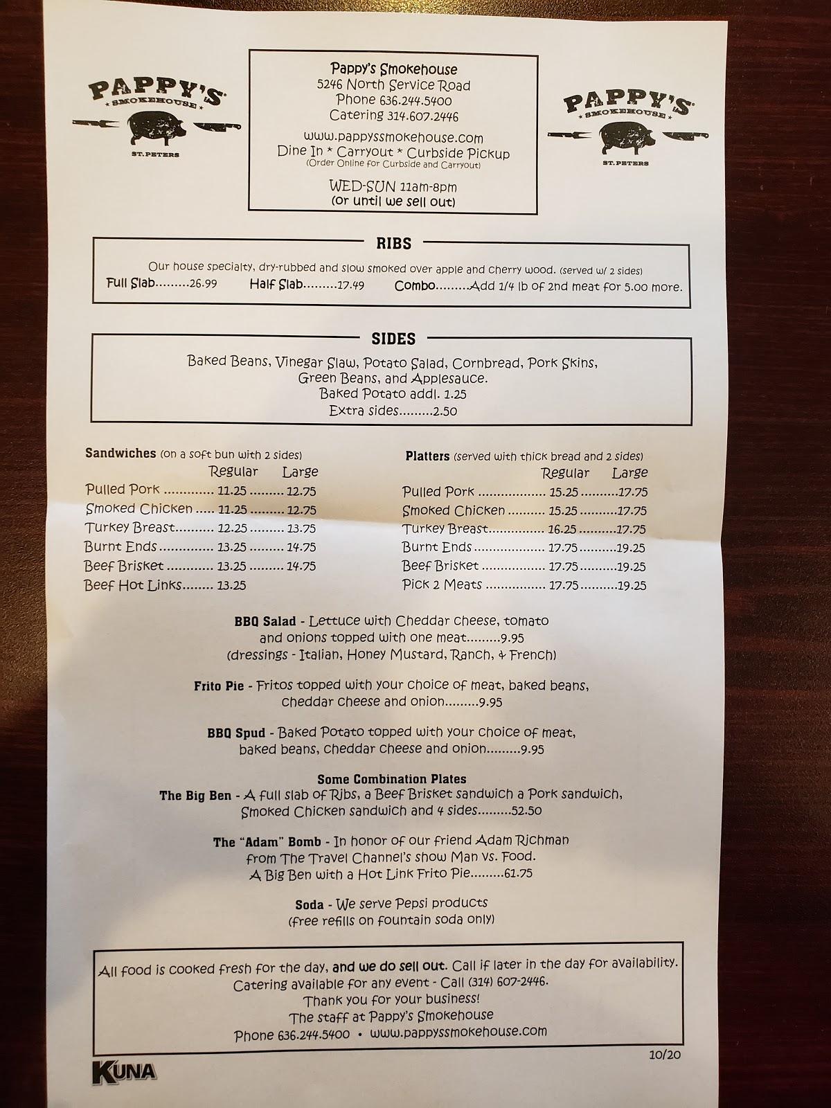 Menu at Pappy's Smokehouse BBQ, St. Peters