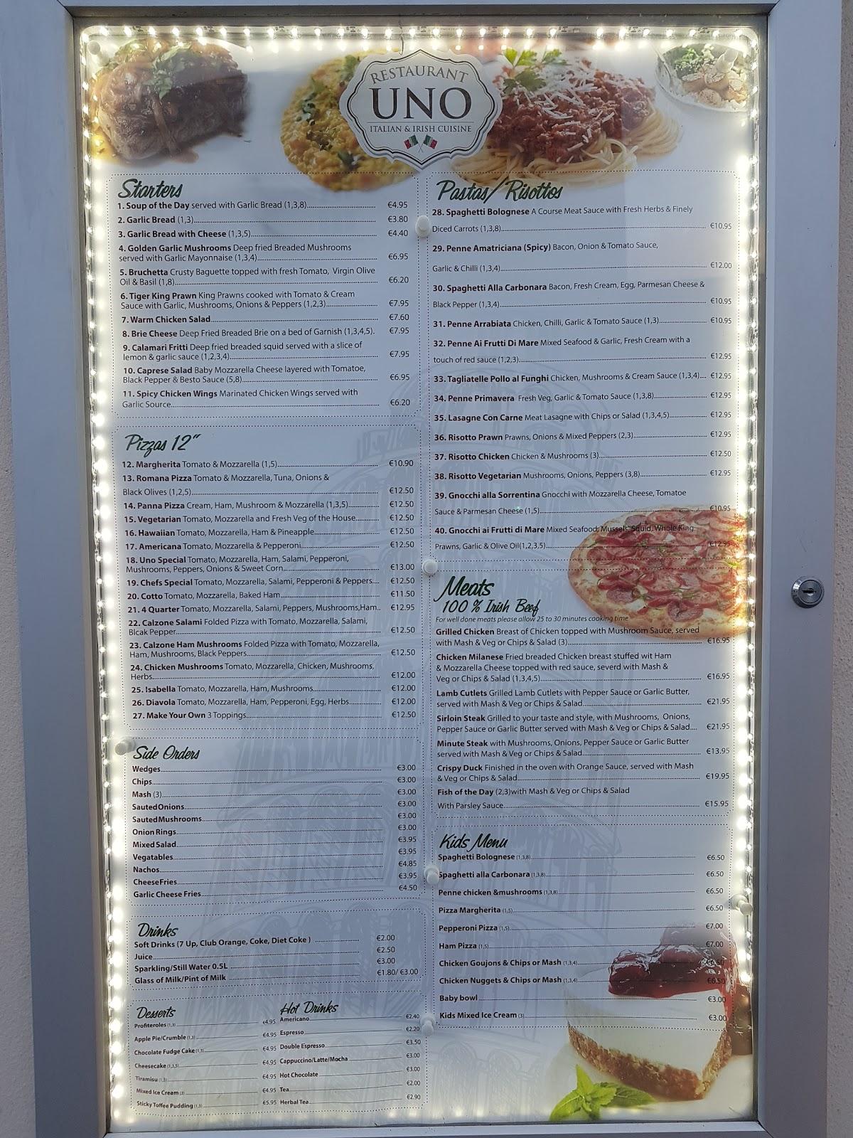 Menu at Restaurant Uno's, Tralee