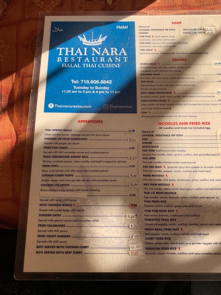 Menu at Thai Nara restaurant, New York City