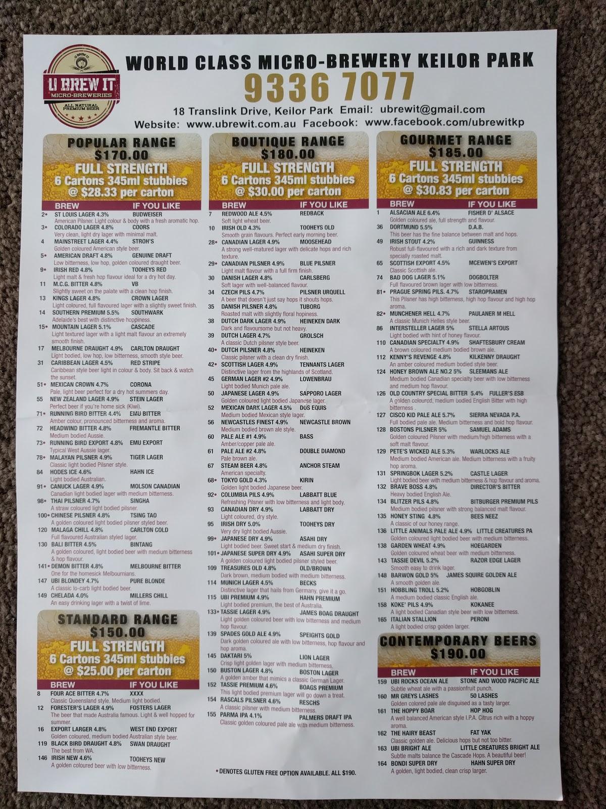 Menu at The Beer Factory restaurant, Keilor Park