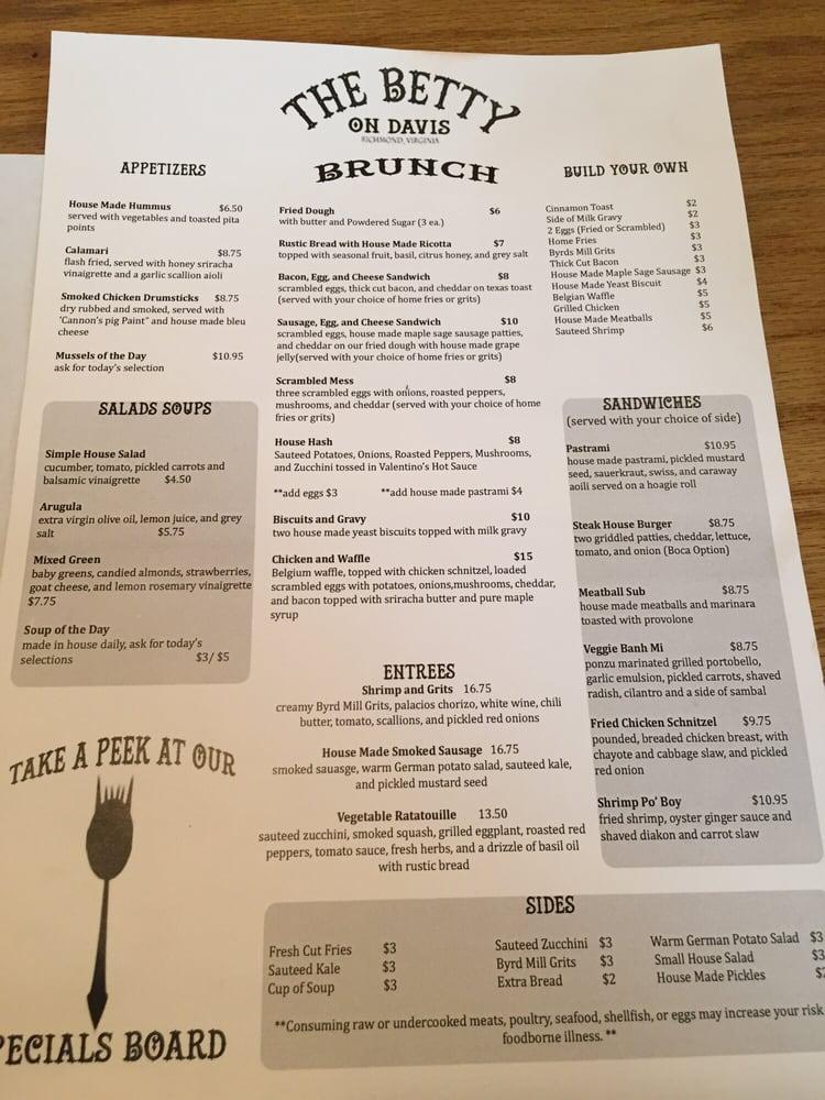 Menu at The Betty on Davis restaurant, Richmond