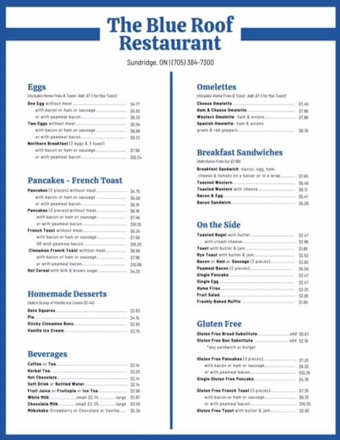 Menu at The Blue Roof Restaurant, Sundridge