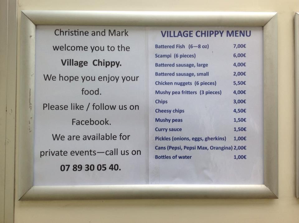 Carta del restaurante Village Chippy, Francia