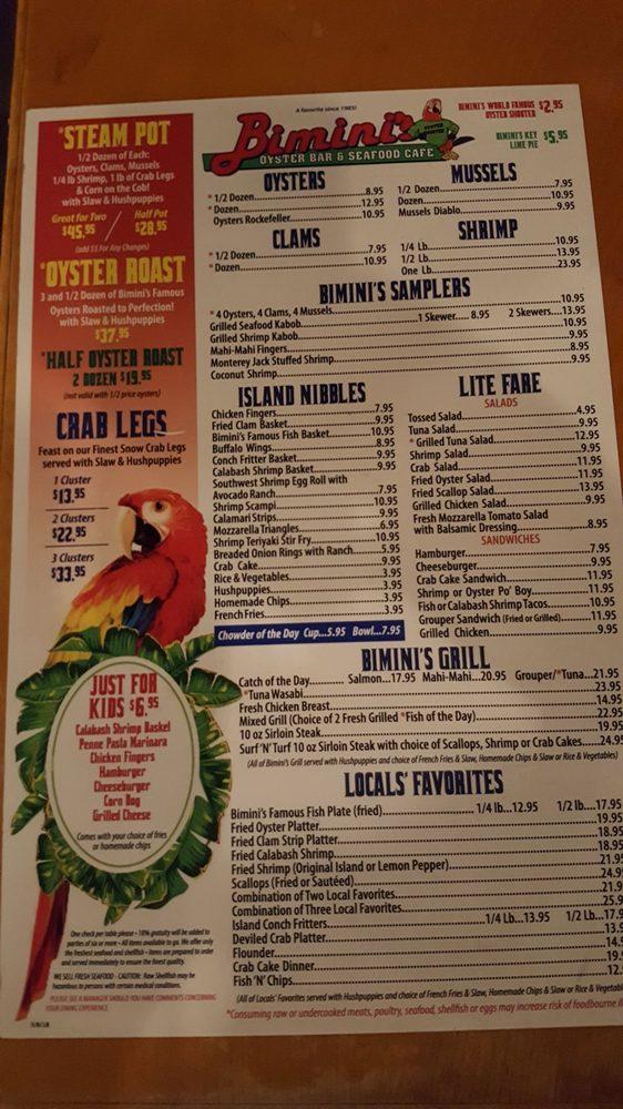 Menu at Bimini's Oyster Bar & Seafood Market - MYRTLE BEACH, Myrtle Beach