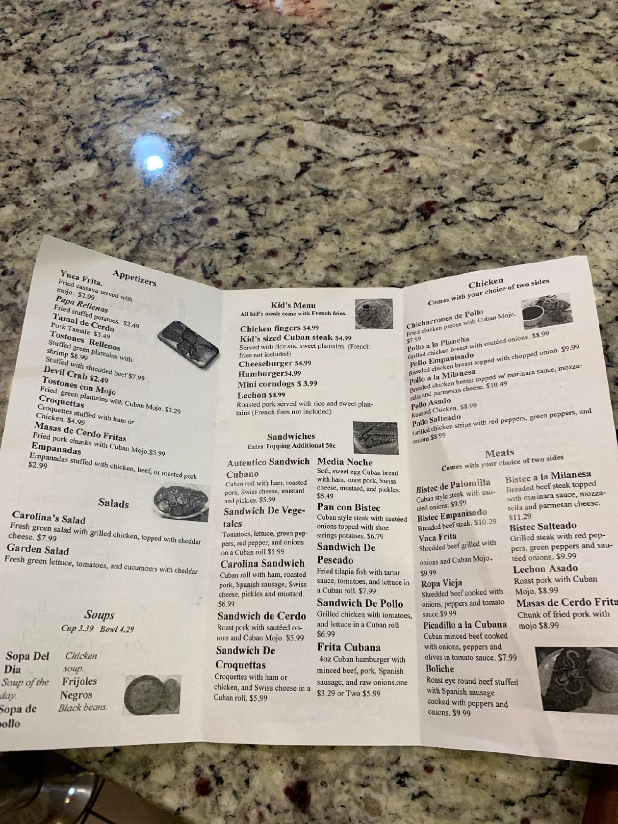 Menu at Carolina's Cuban Cafe, Hudson, US-19