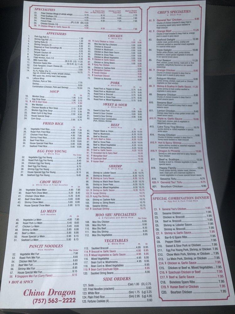 Menu at China Dragon restaurant, Virginia Beach