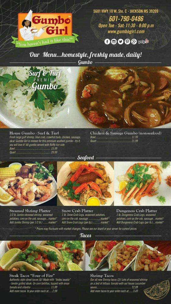 Menu at Gumbo Girl restaurant, Ridgeland, 900 E County Line Rd Suite 107