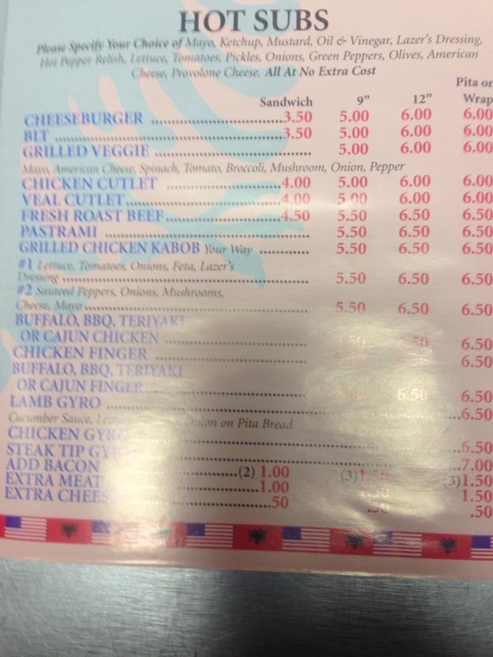 Menu at Lazer's Pizza & Roast Beef pizzeria, Ware
