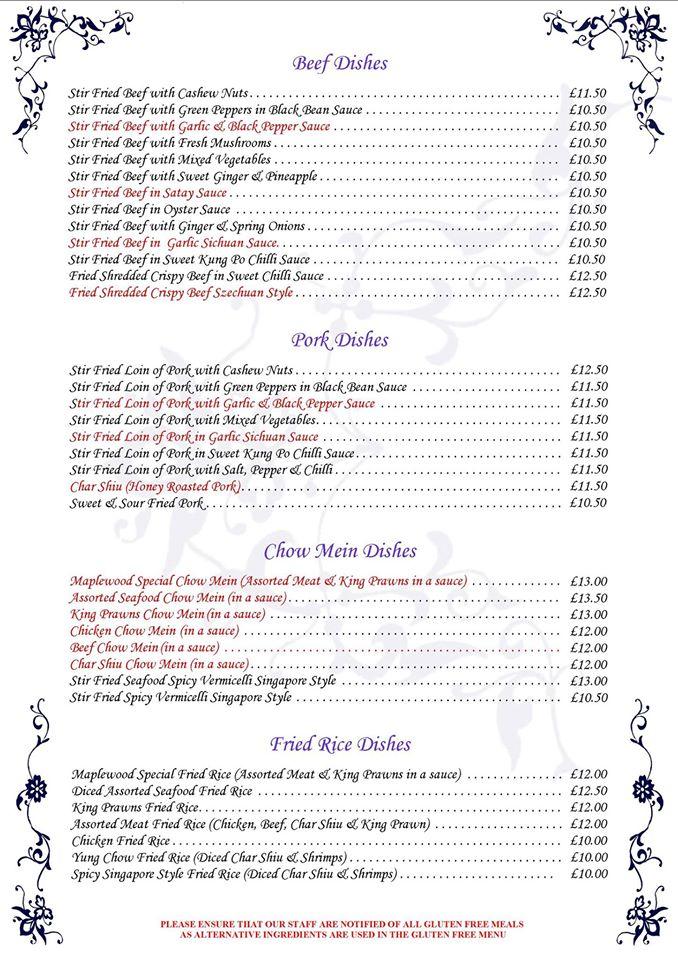 Menu at Maplewood Restaurant, Widnes, Warrington Rd