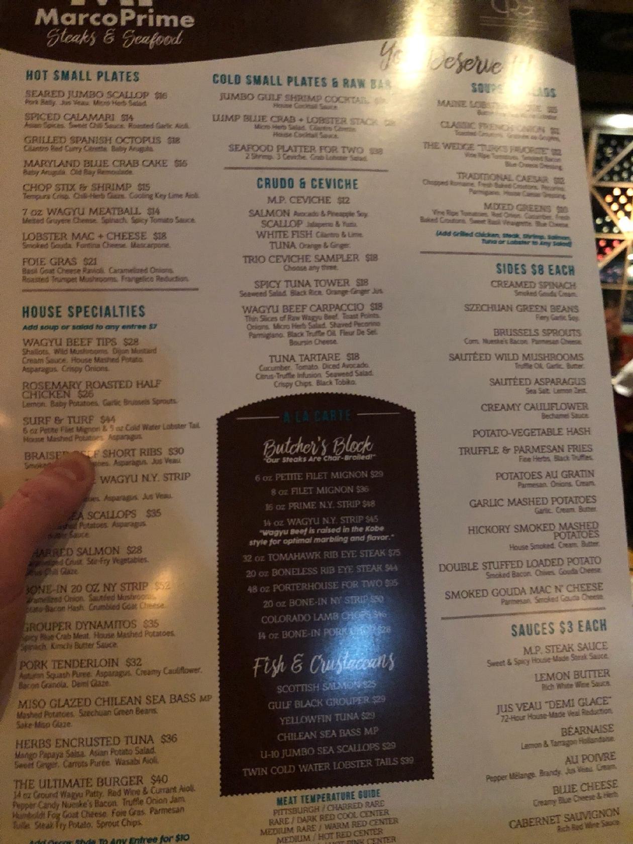 Menu at Marco Prime Steak & Seafood Restaurant, Marco Island