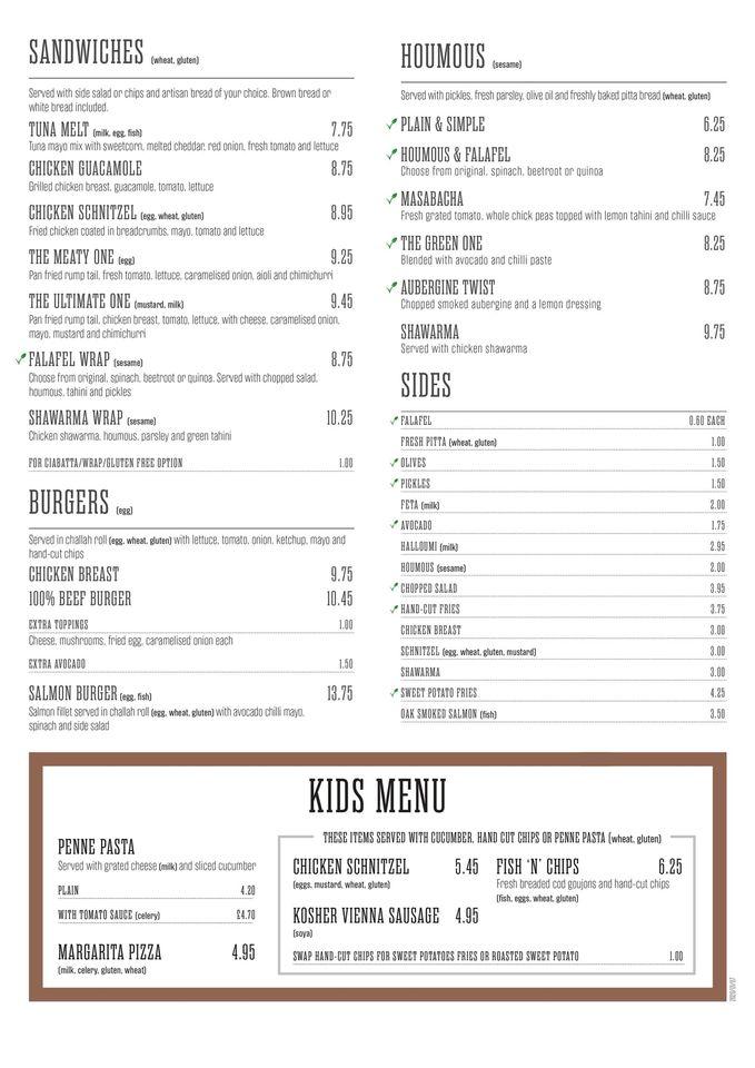 Menu at Michael’s Brasserie restaurant, London