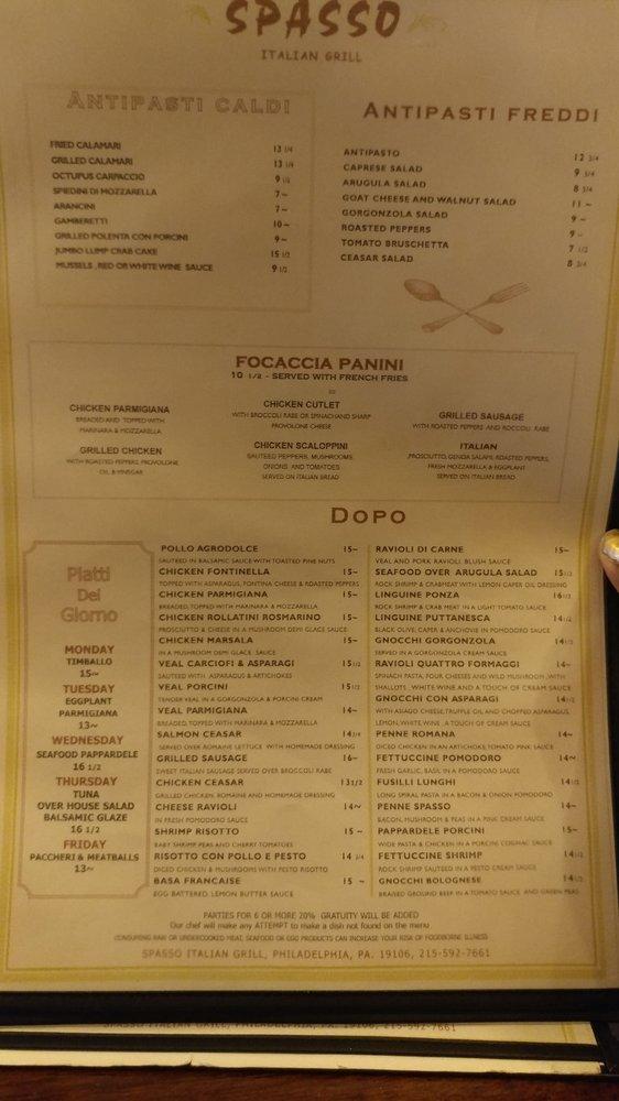 Menu at Spasso Italian Grill pub & bar, Philadelphia