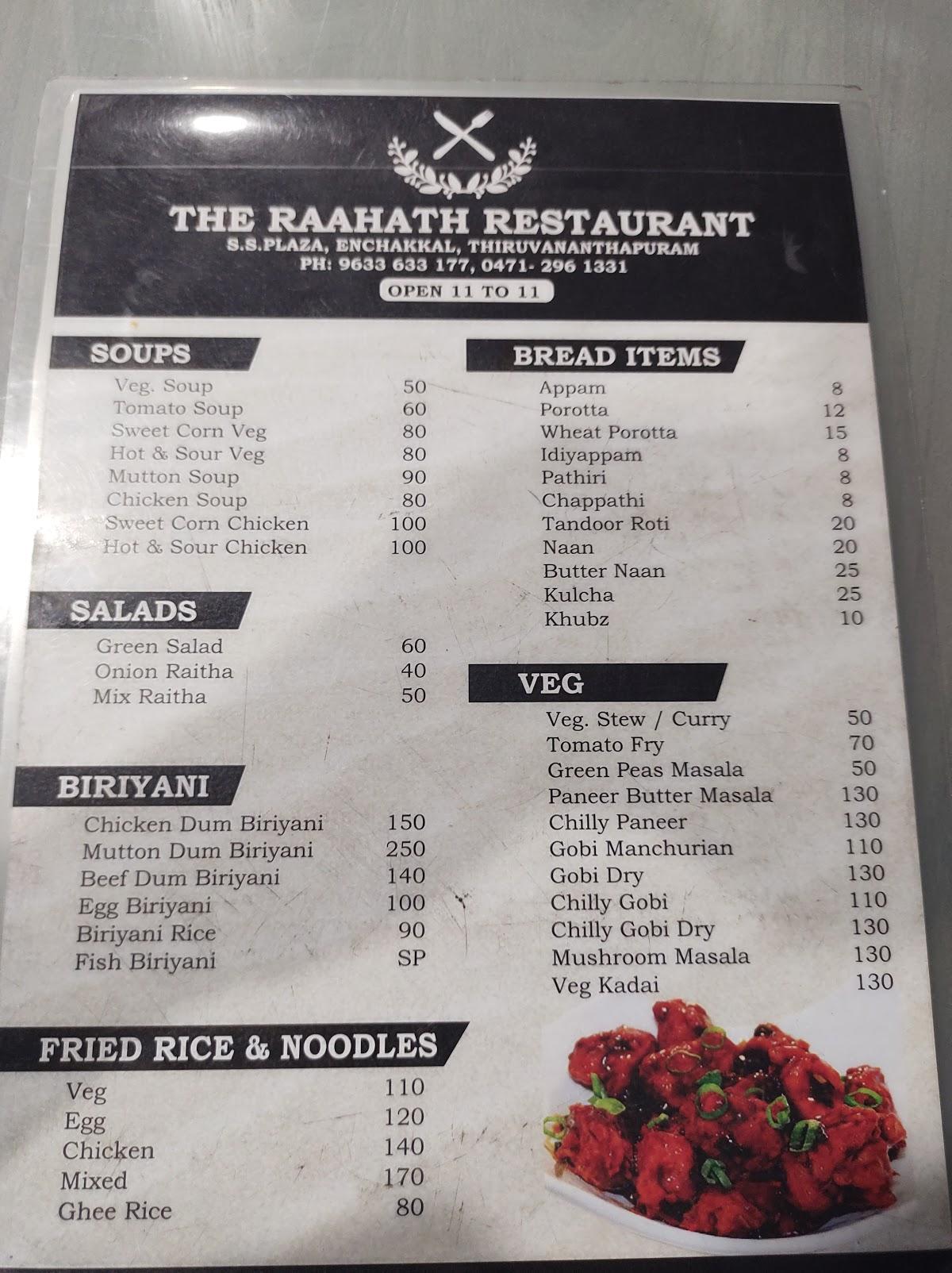Menu at The Raahath Restaurant, Thiruvananthapuram