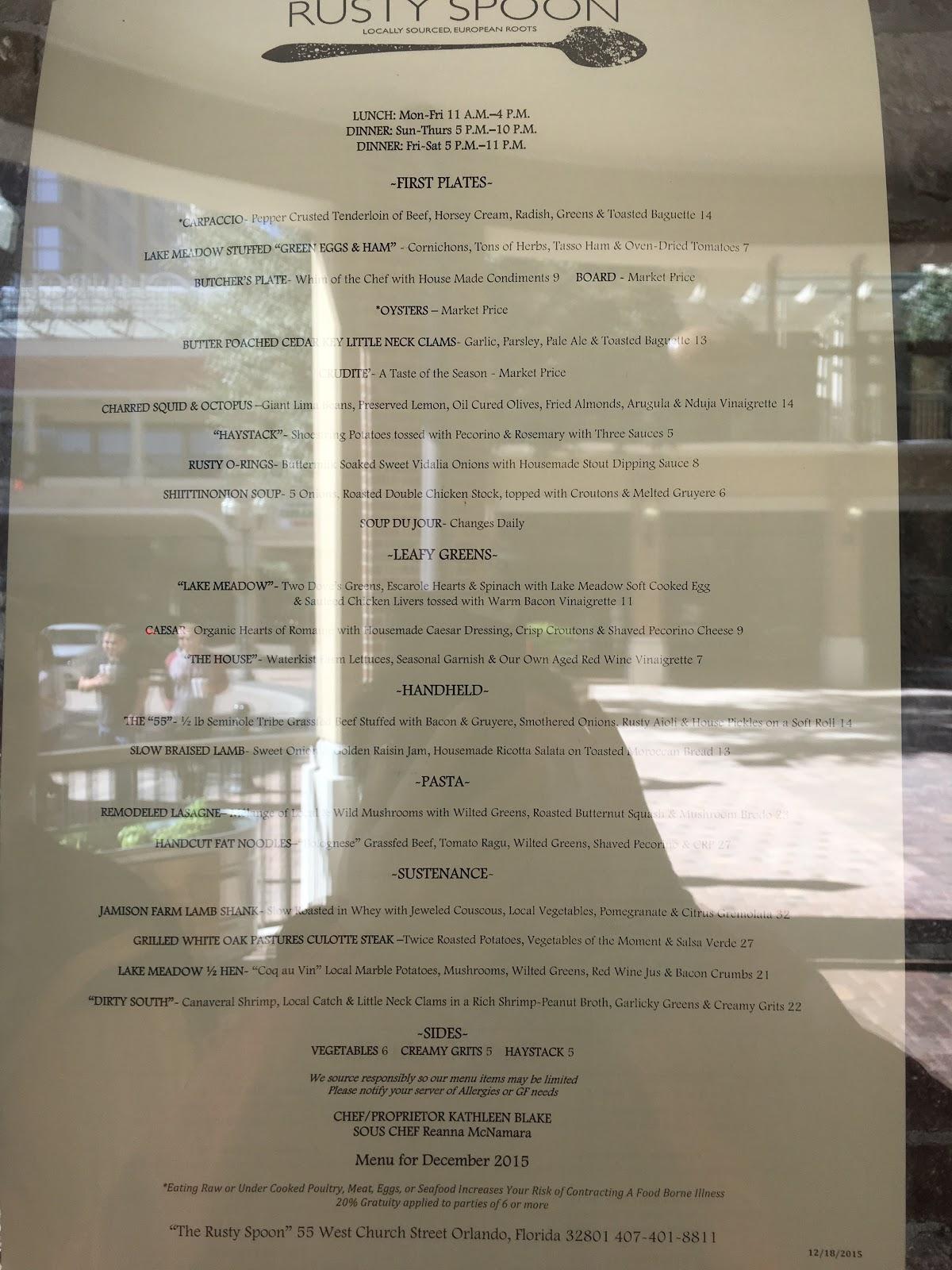Menu at The Rusty Spoon restaurant, Orlando