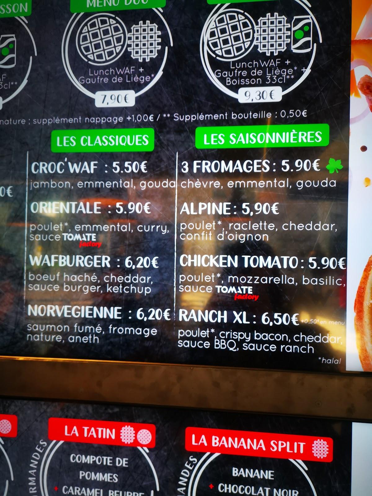 Menu at Waffle Factory Confluence restaurant, Lyon
