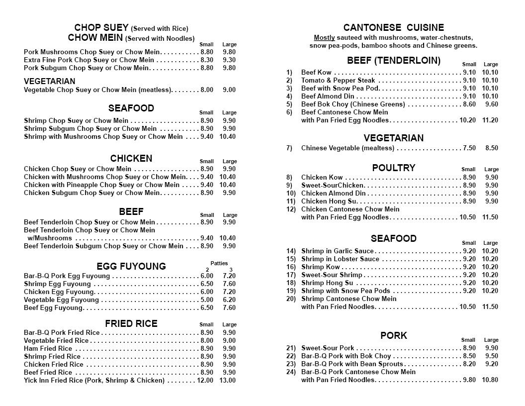Menu at Yick Inn restaurant, Milwaukee