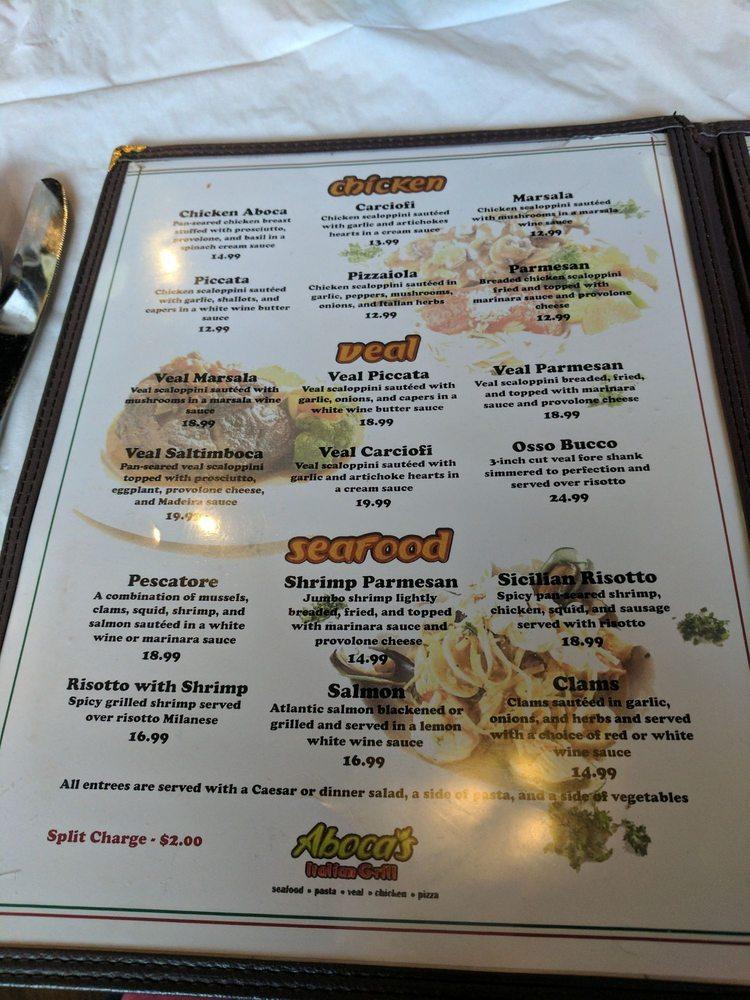 Menu at Aboca's Italian Grill pizzeria, Richardson