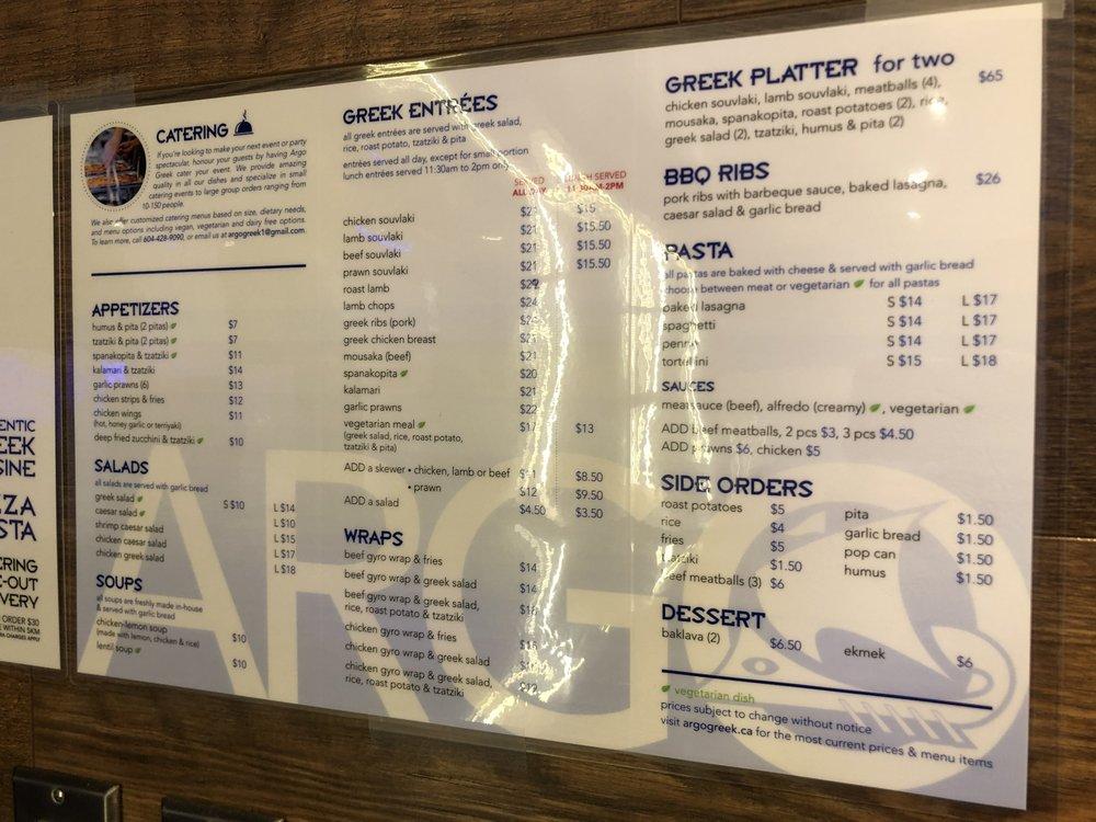 Menu at Argo Greek Cuisine Pizza & Pasta pizzeria, Burnaby