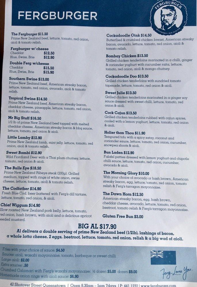 Menu at Fergburger restaurant, Queenstown