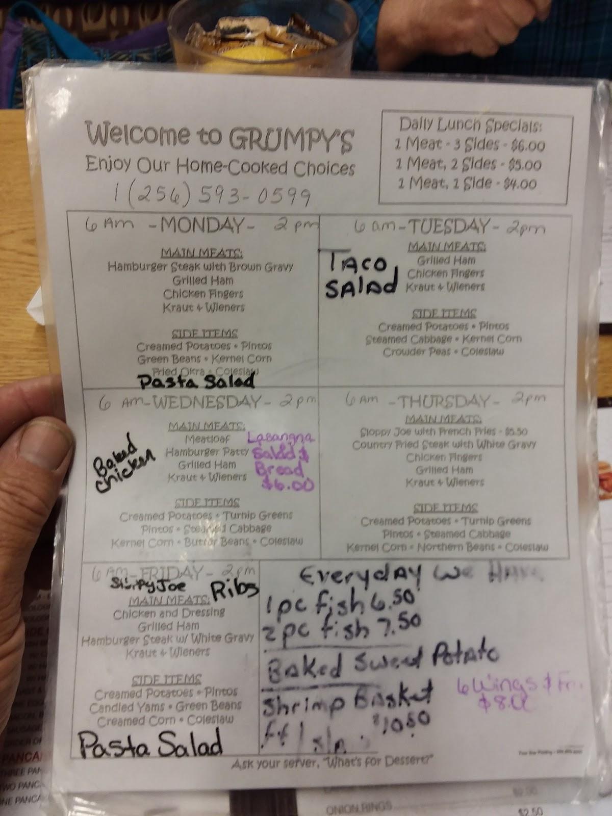 Menu at Grumpy's restaurant, Boaz, 425 S McCleskey St #544