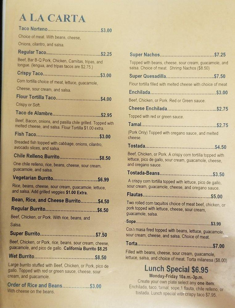 Menu at Mi Tierra Restaurant, Valley Springs