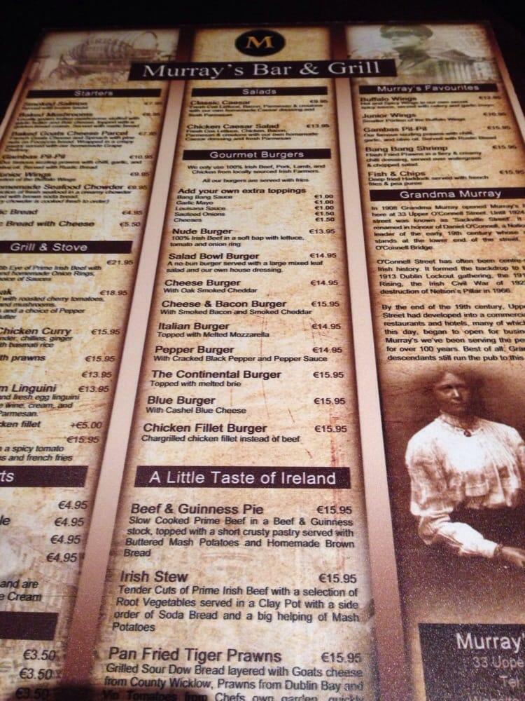 Menu at Murray’s Bar, Dublin, 33-34 O'Connell Street Upper