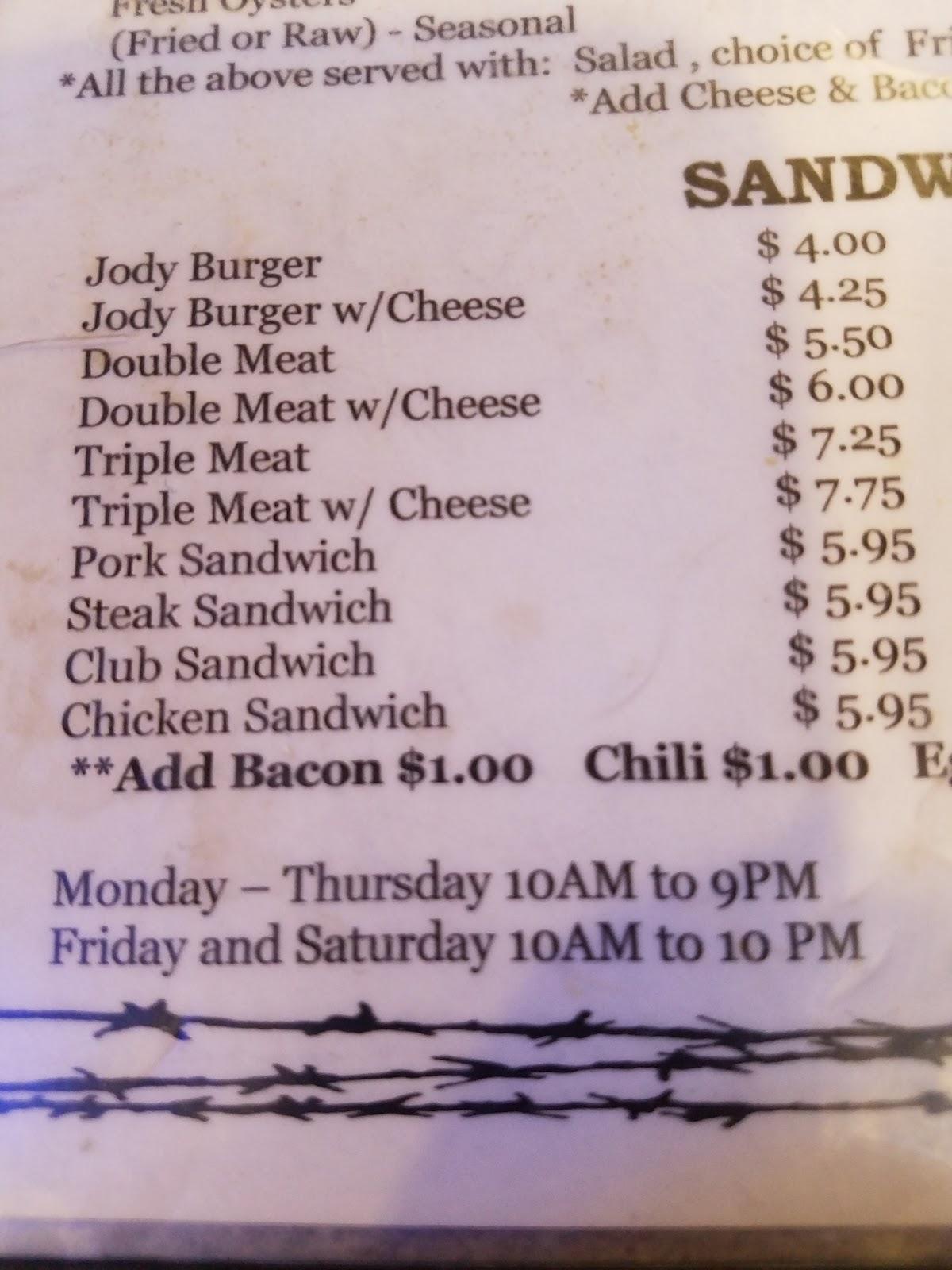 Menu at Old Jody's Restaurant, Temple