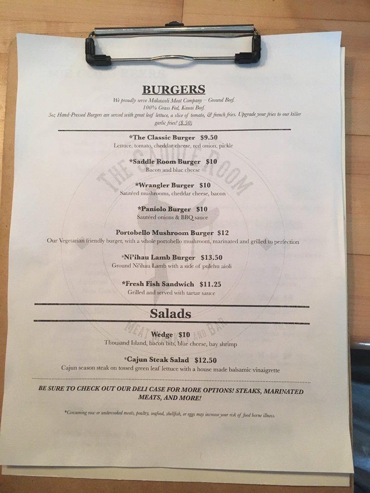 Menu at The Saddle Room pub & bar, Waimea, Kaumualii Hwy