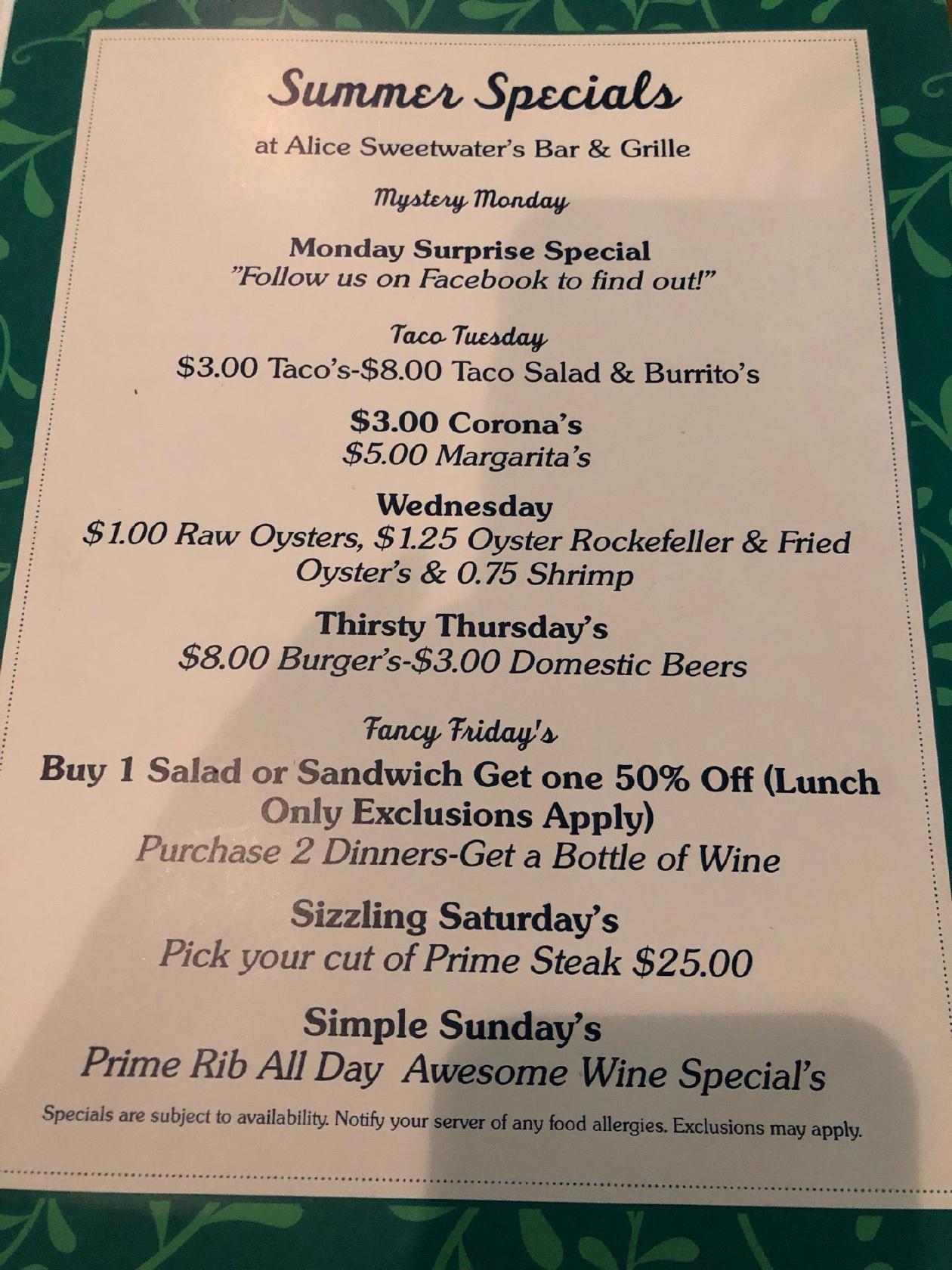 Menu at Alice Sweetwater's Bar & Grille, Naples