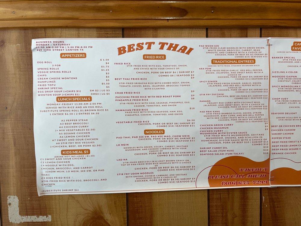 Menu at Best Thai Restaurant, Canyon