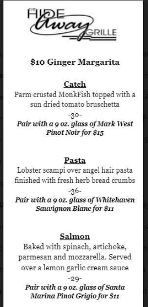 Menu at Hideaway Grille restaurant, North Tonawanda