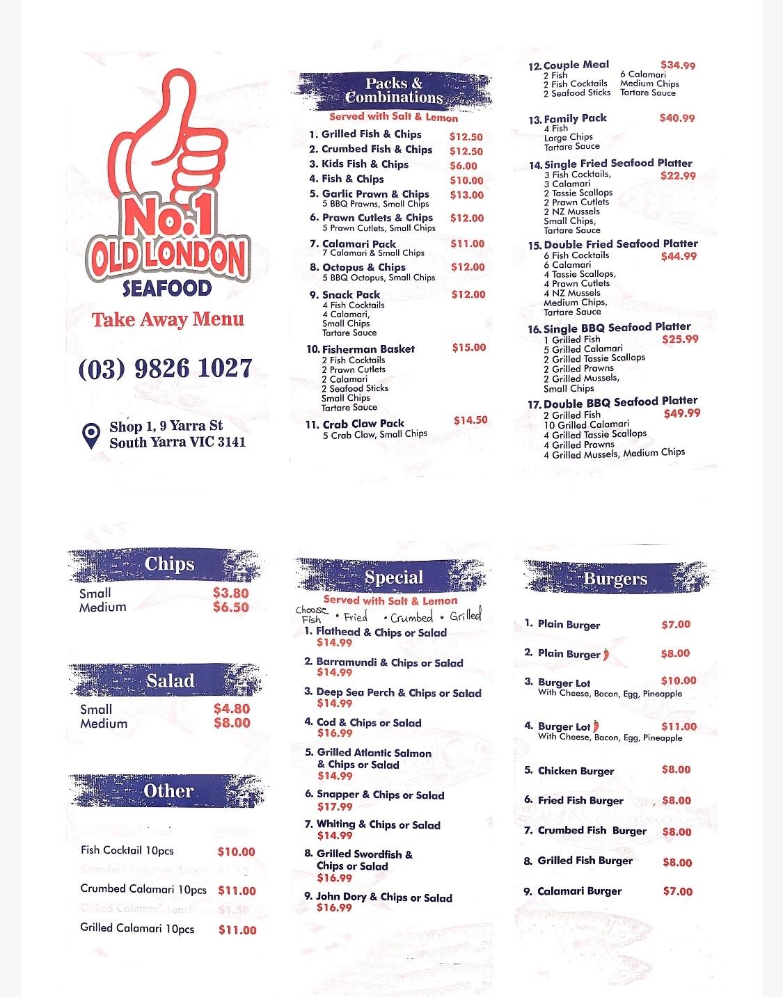 Carta del restaurante No.1 Old London Seafood, South Yarra