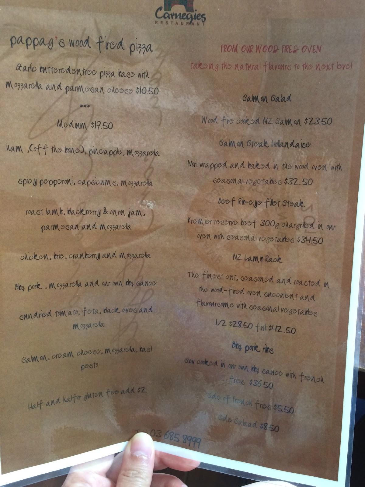 Menu at Carnegies Restaurant and Bar, Fairlie