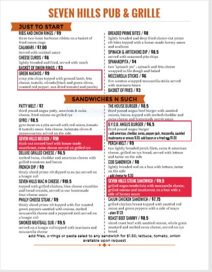 Menu at Seven Hills Pub & Grille, Port Washington