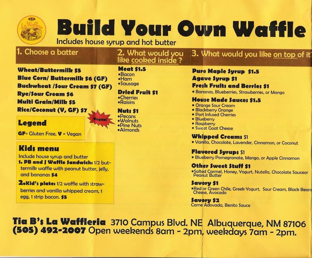 Menu at Tia B's La Waffleria cafe, Albuquerque